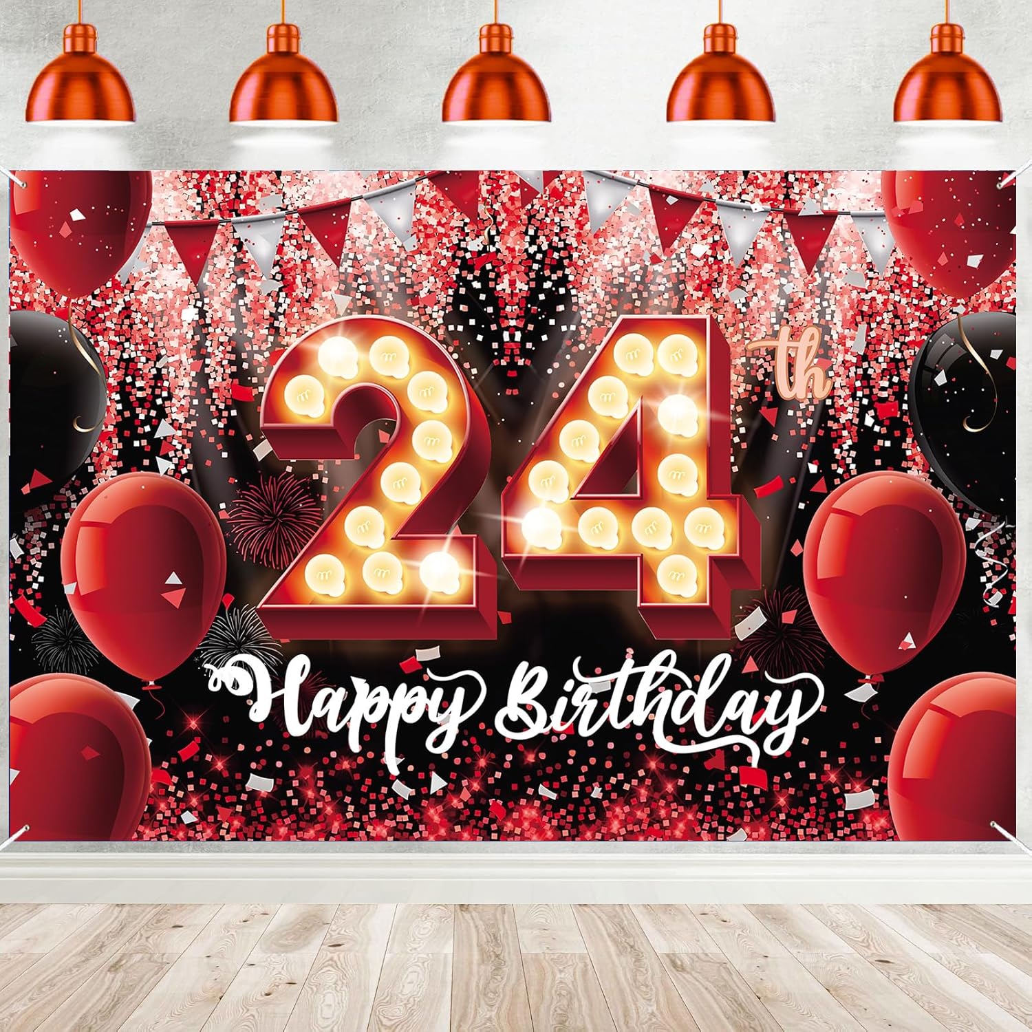 24th Happy Birthday Banner Red Sequin Balloon Banner Backdrop for Man ...