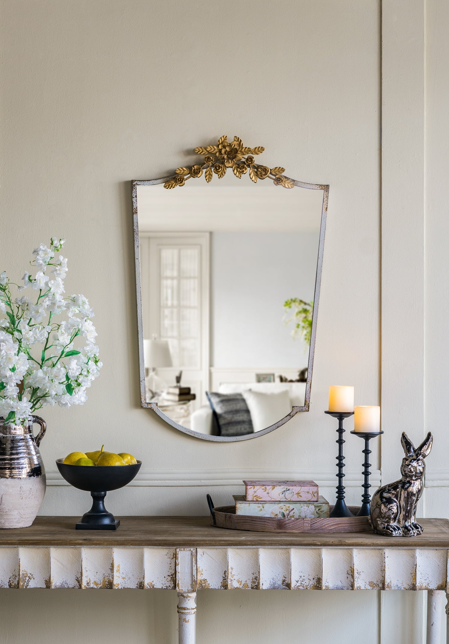 24x1.6x37.4" Decorative Arched Wall Mirror with Distressed Ivory Frame ...