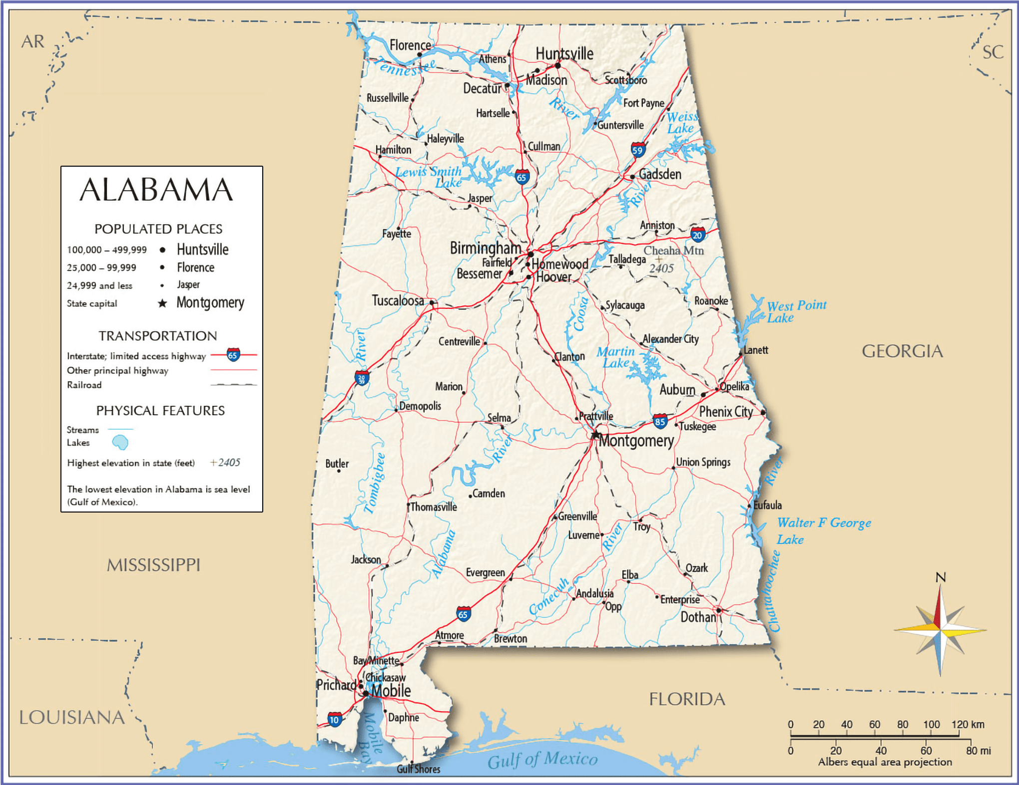 24x18in The detailed map of Alabama with boundaries, state capital ...