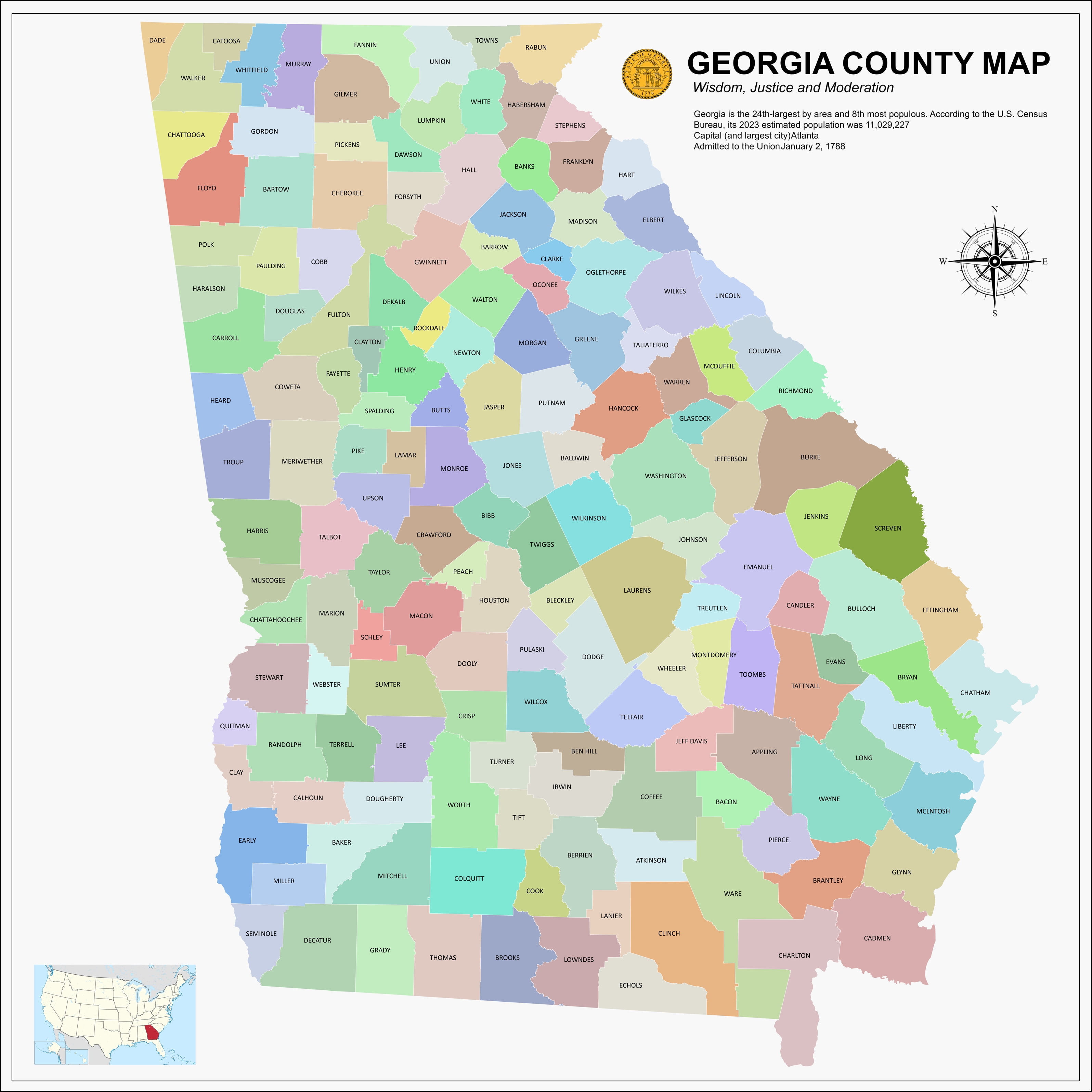 24x24in Georgia County Map 【Laminated】 - Walmart.com