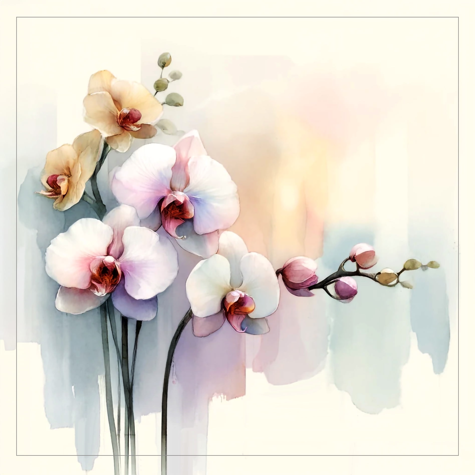 24x24in Serenity in Bloom: Delicate Orchids. Contemporary watercolor ...