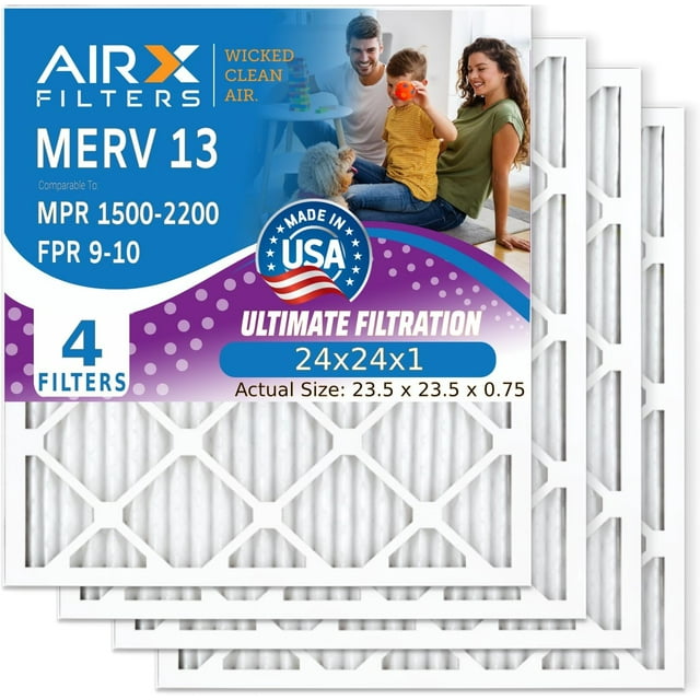 24x24x1 Air Filter MERV 13 Comparable to MPR 1500 - 2200 & FPR 9 Electrostatic Pleated Air ...