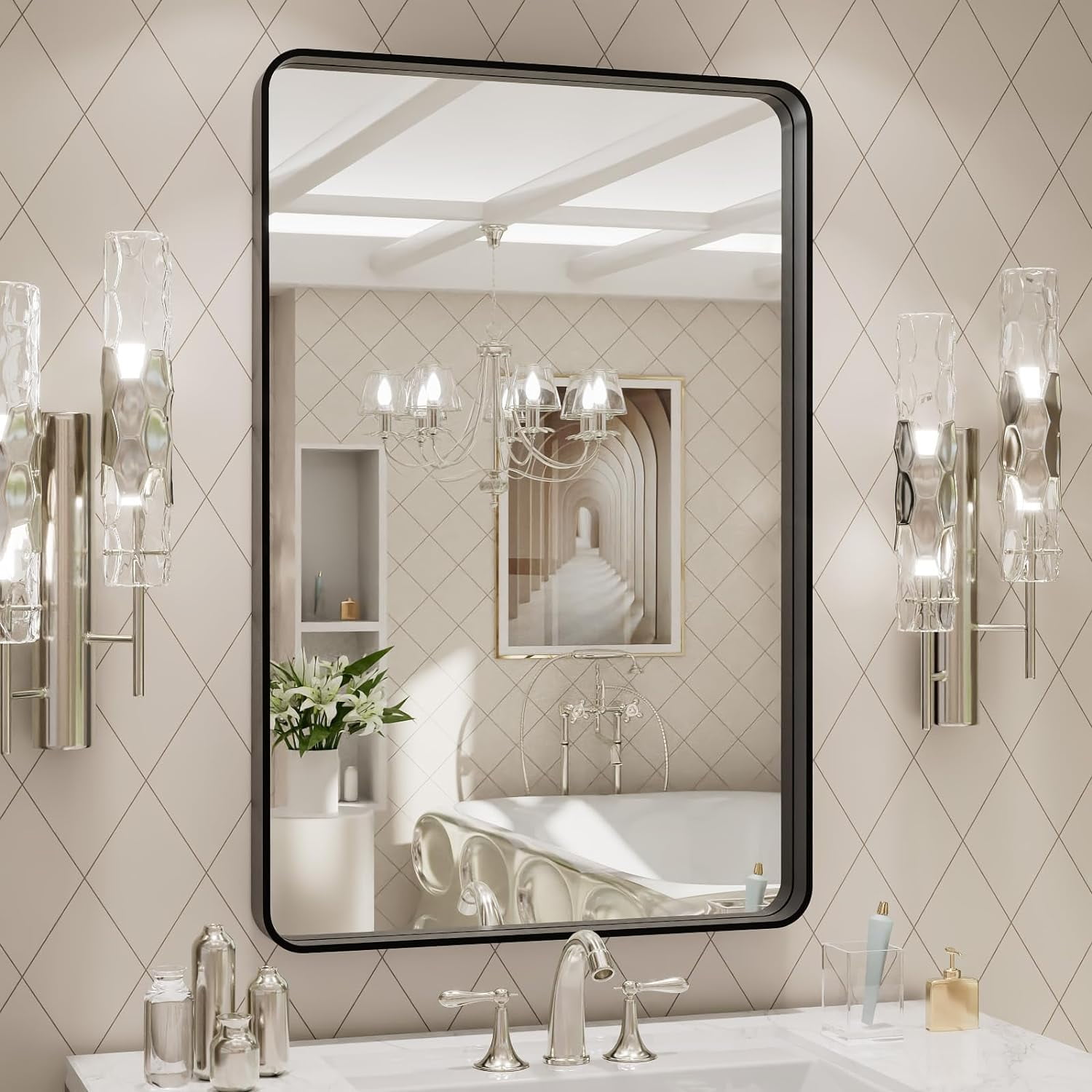 24x30" Black Metal Framed Bathroom Mirror - Farmhouse Style, Rounded ...