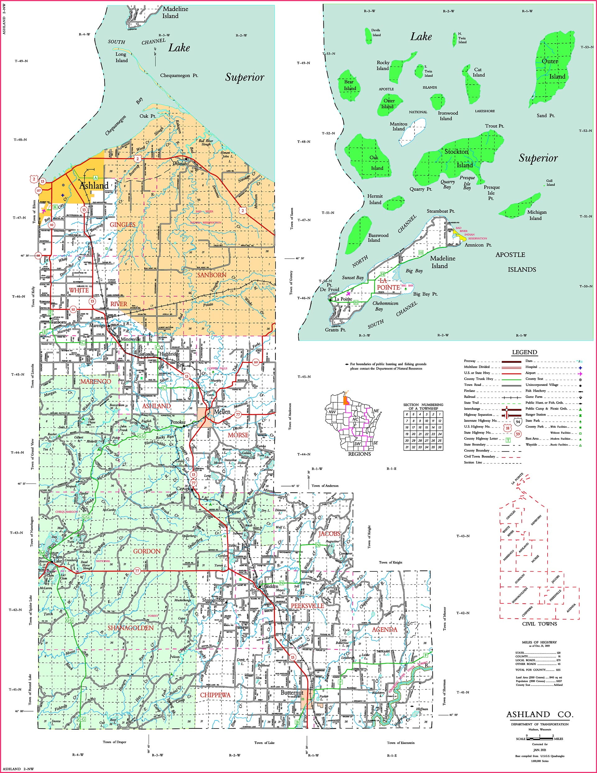 24x31in Ashland County District Maps Wisconsin (WI) Highway Map ...
