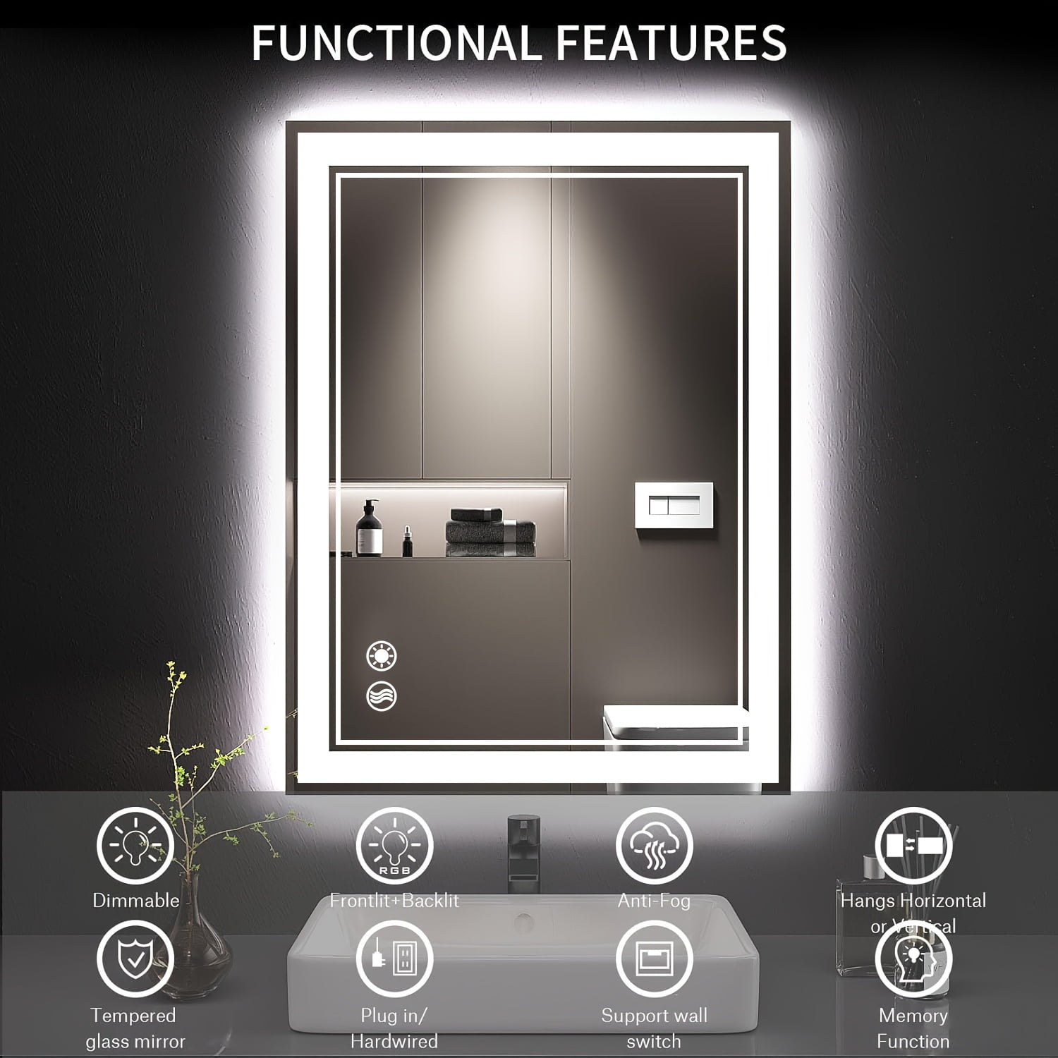 24x32''-24x36'' Bathroom LED Mirror with Lights: Anti-Fog, Memory ...