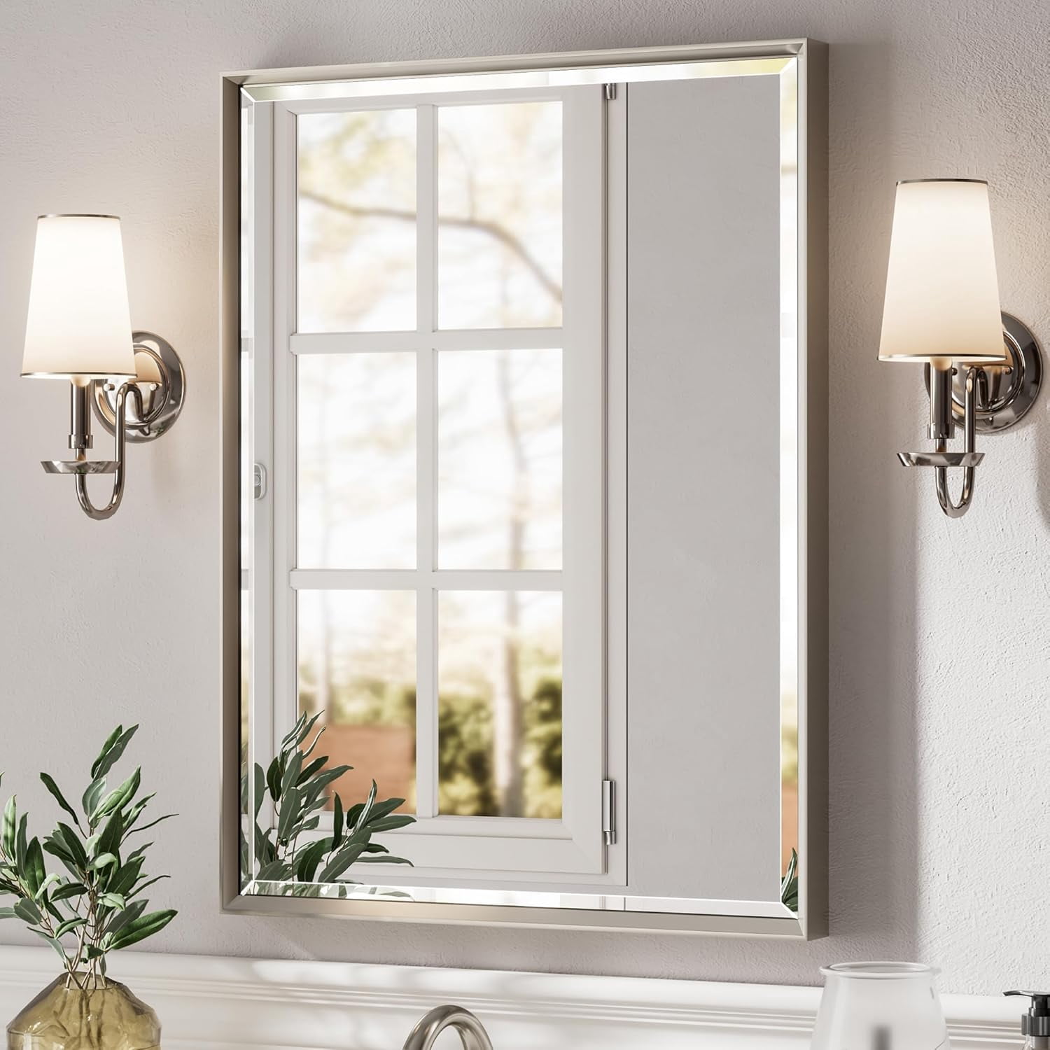 24x32" Brushed Nickel Beveled Bathroom Mirror, Anti-Rust Metal Frame ...