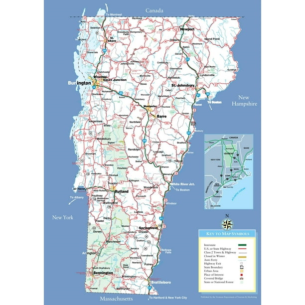 24x33in Large Detailed Tourist Map of Vermont with cities and towns ...