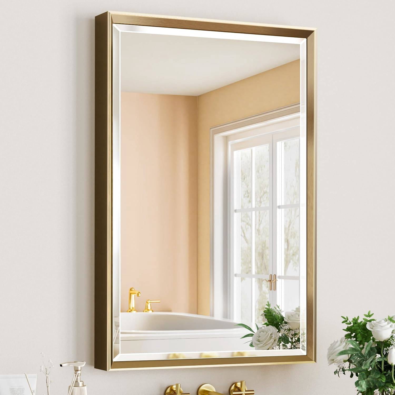 24x36 Inch Beveled Edge Rectangle Bathroom Mirror with Brushed Gold ...