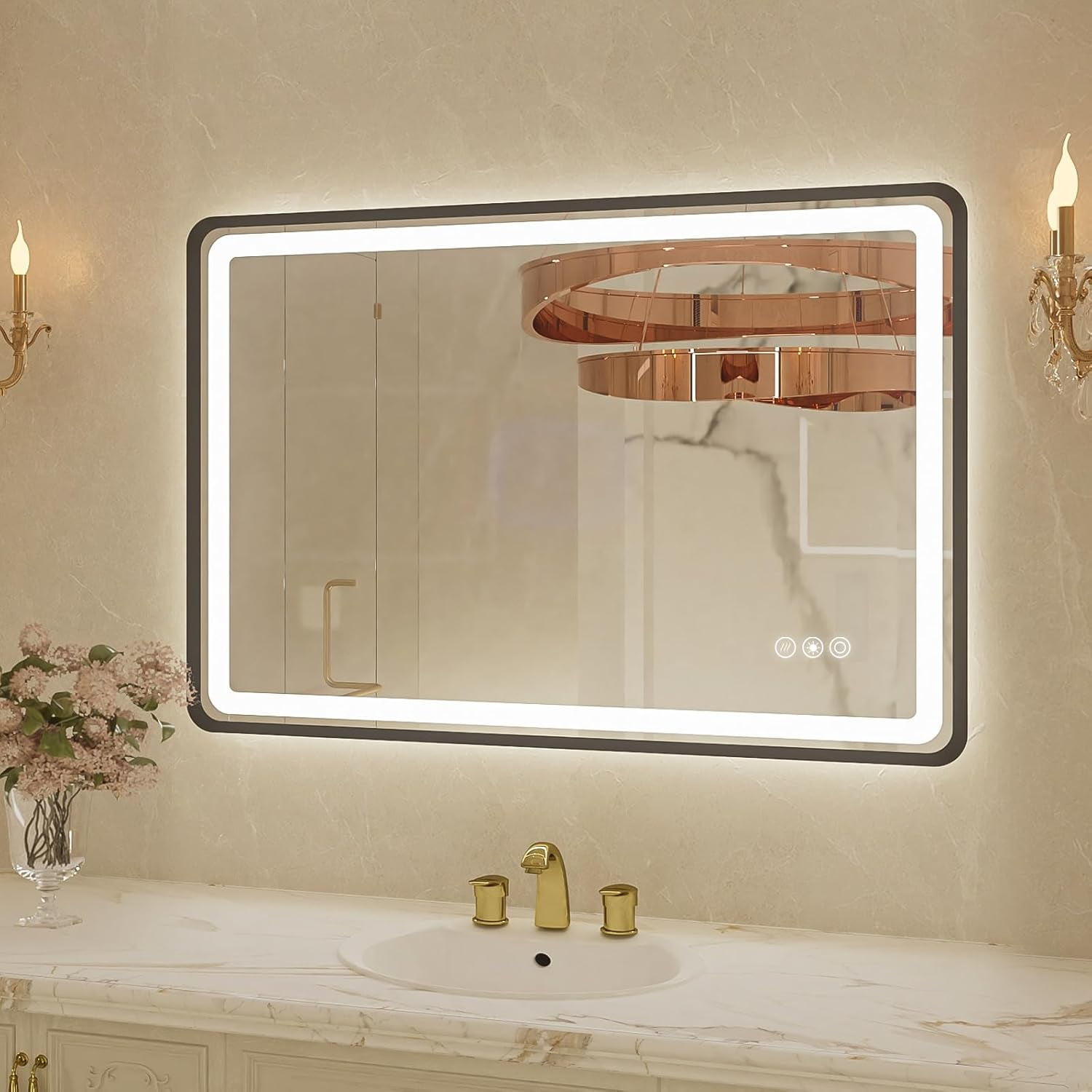 24x36 Inch Black Frame Bathroom Mirror with Lights, Dimmable Lighted ...