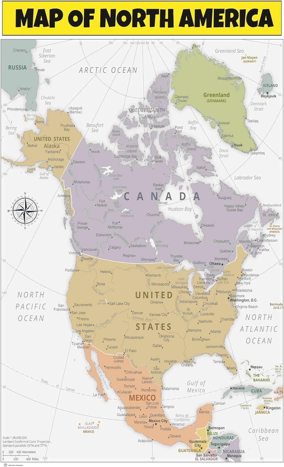 24x36 Map of North America - Laminated Wall Map Poster Print Perfect ...