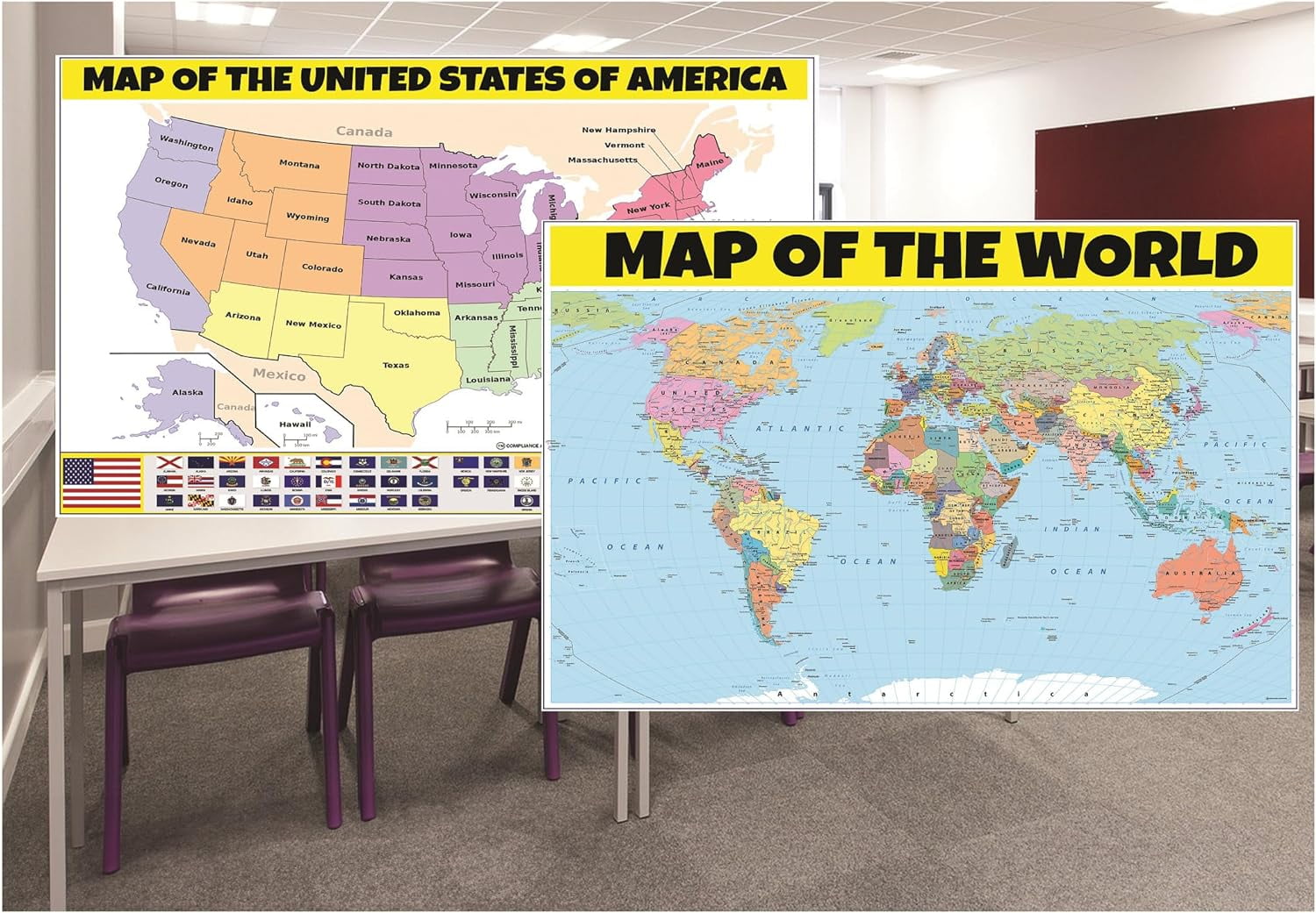 24x36 World Map and Map of the USA - Pack of 2 Laminated Wall Map Poster Print - Vivid Imagery ...