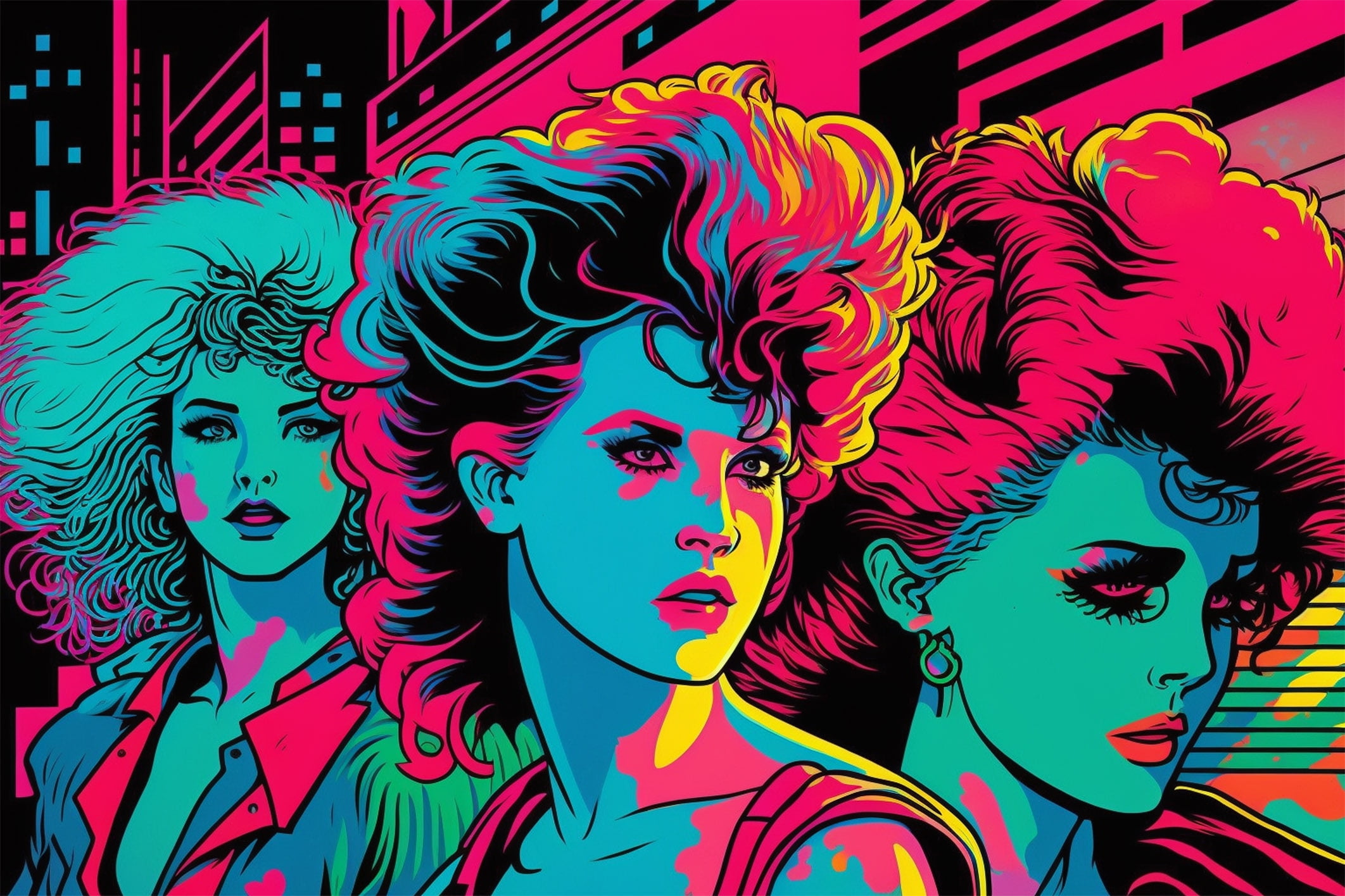 24x36 gallery poster, 1980s neon Synth pop girls in the New Wave style ...
