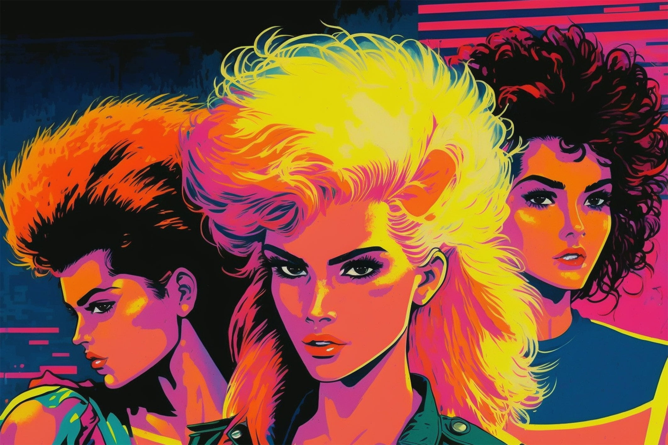24x36 gallery poster, 1980s neon synth pop girls in the New Wave style ...