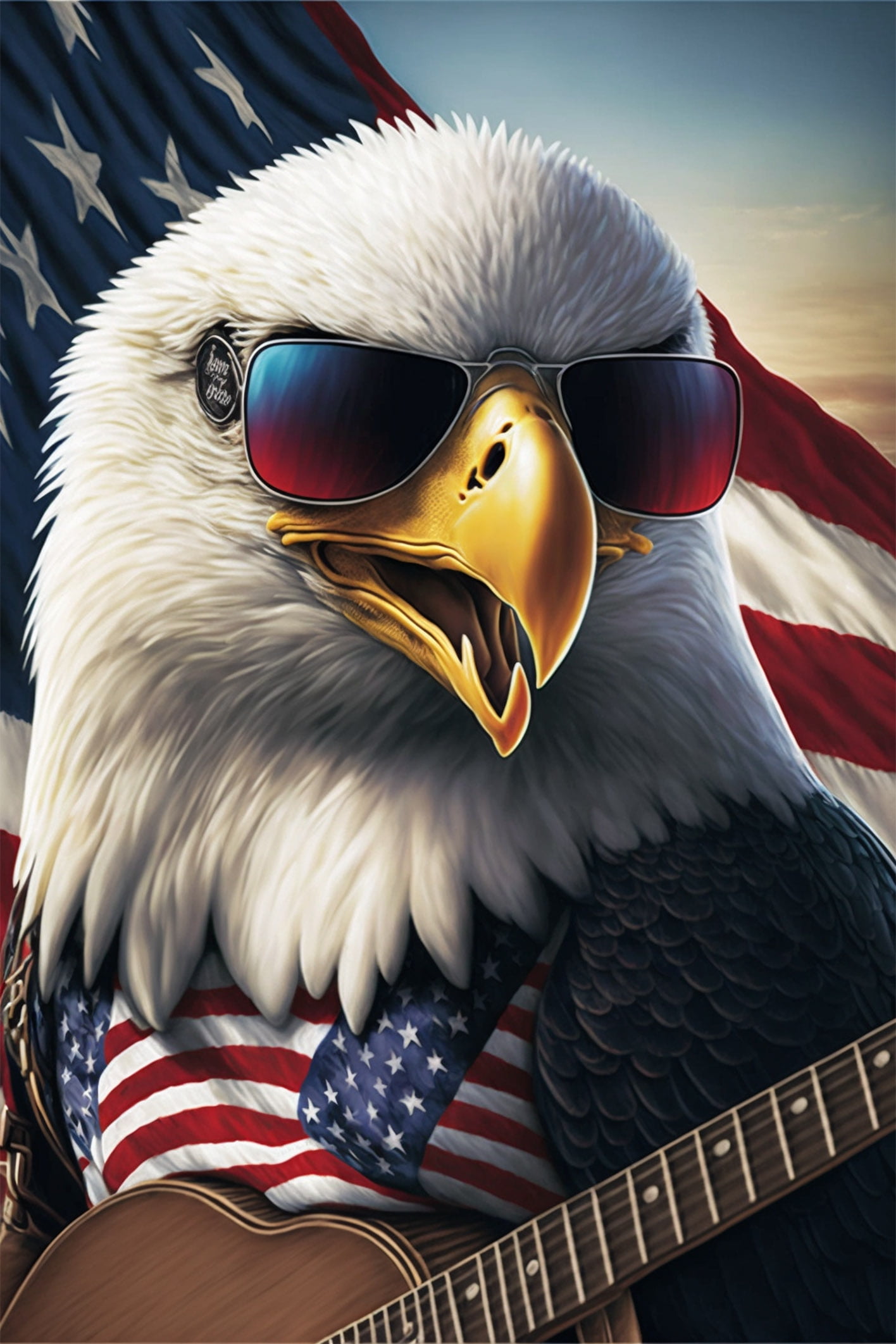 24x36 gallery poster, Bald Eagle playing electric guitar in front of ...