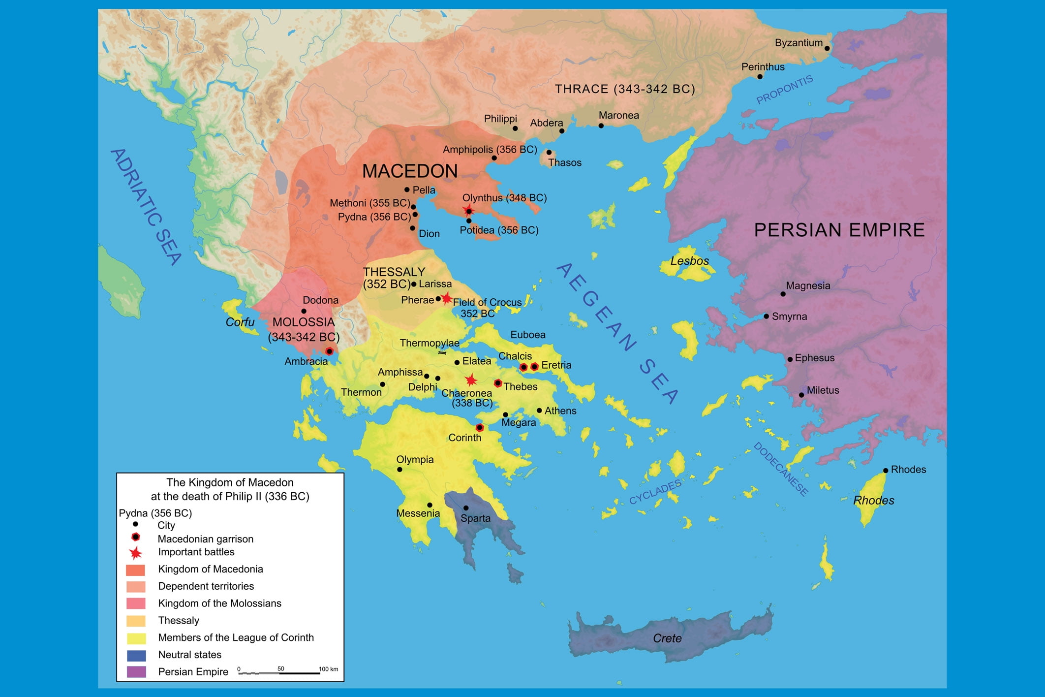 History Galore Map of Kingdom of Macedon Under King Philip II in 336 BC ...