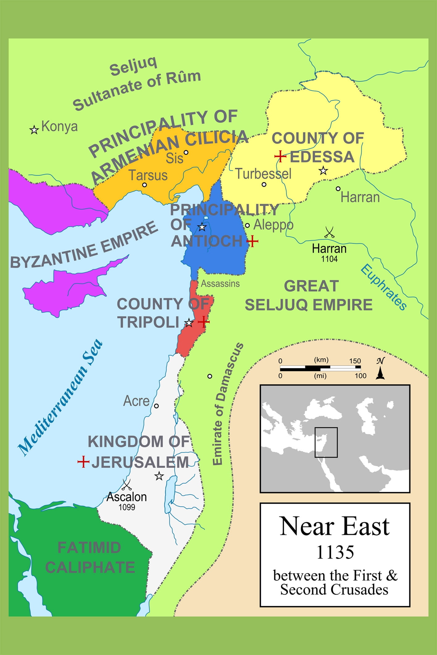 24x36 gallery poster, Map of Levant in 1135, with Crusader states ...