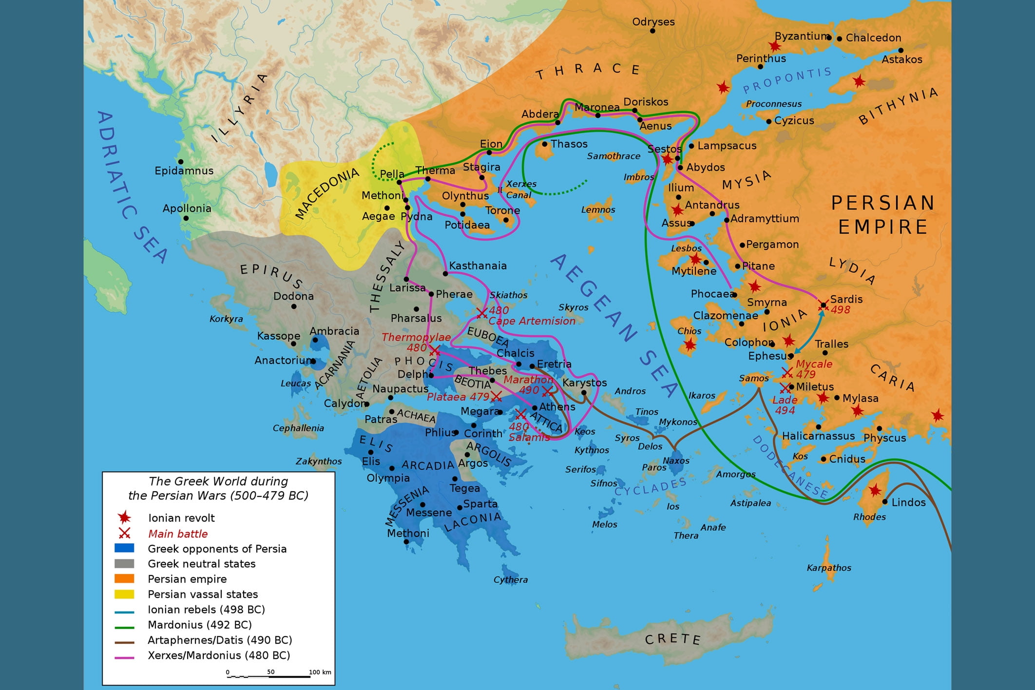 24x36 gallery poster, Map showing events of the first phases of the Greco-Persian Wars, Ancient ...