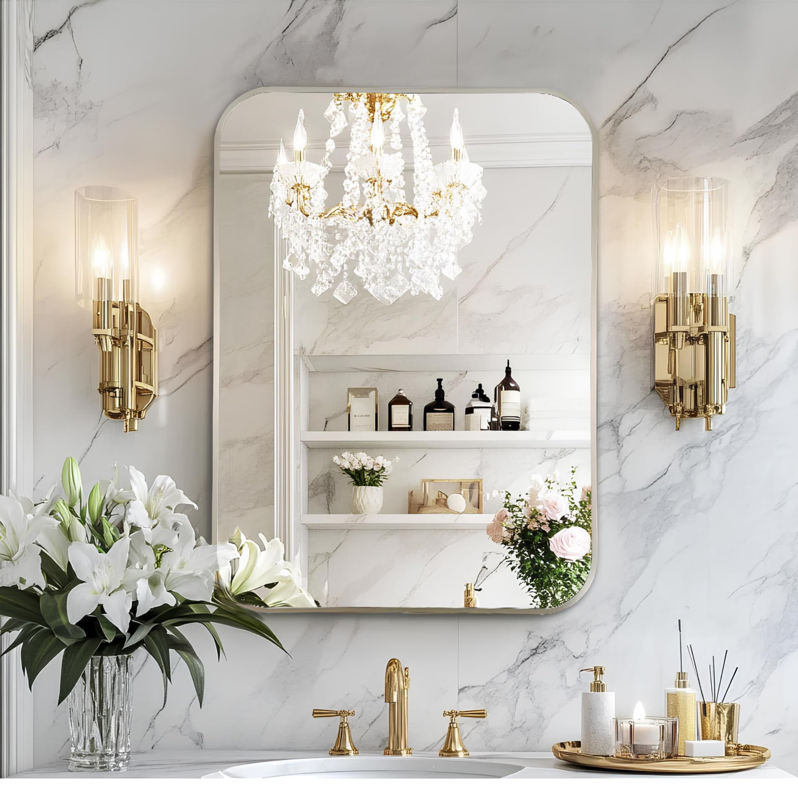 24x36Inch Brushed Nickel Bathroom Mirror, Rectangle Wall Mounted Mirror ...