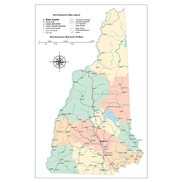 Wall Art Impressions New Hampshire Road Map, Coated Paper, 24x36 ...
