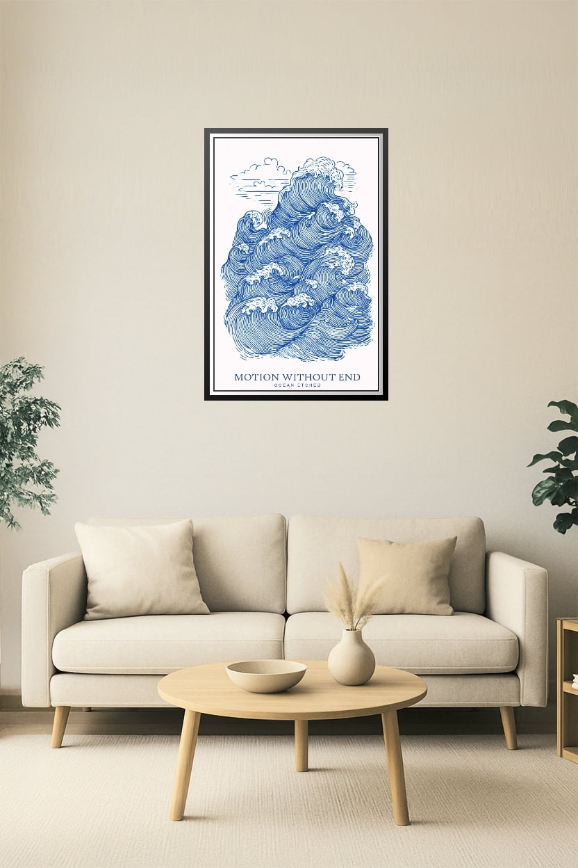 24x36in Poster Motion Without End Ocean Poster – Etched Blue Wave Line ...