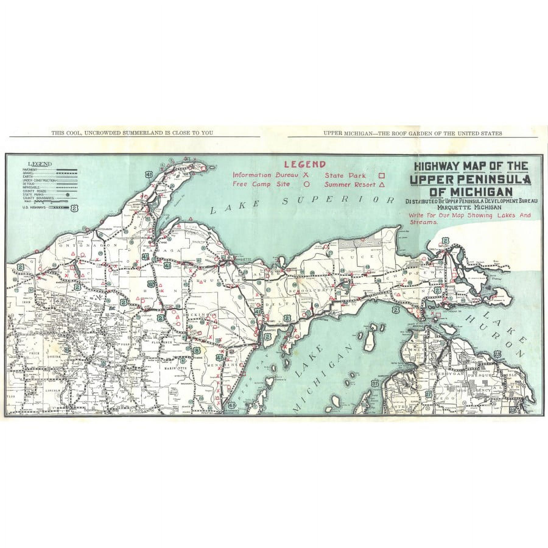 24x44in Photo Paper Highway Map of The Upper Peninsula of Michigan ...