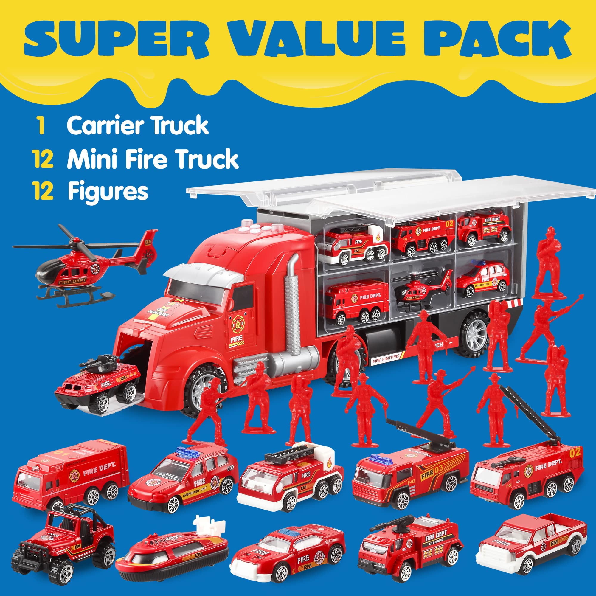25 in 1 Die-cast Fire Truck Vehicle Toy Set with Sounds and Lights ...