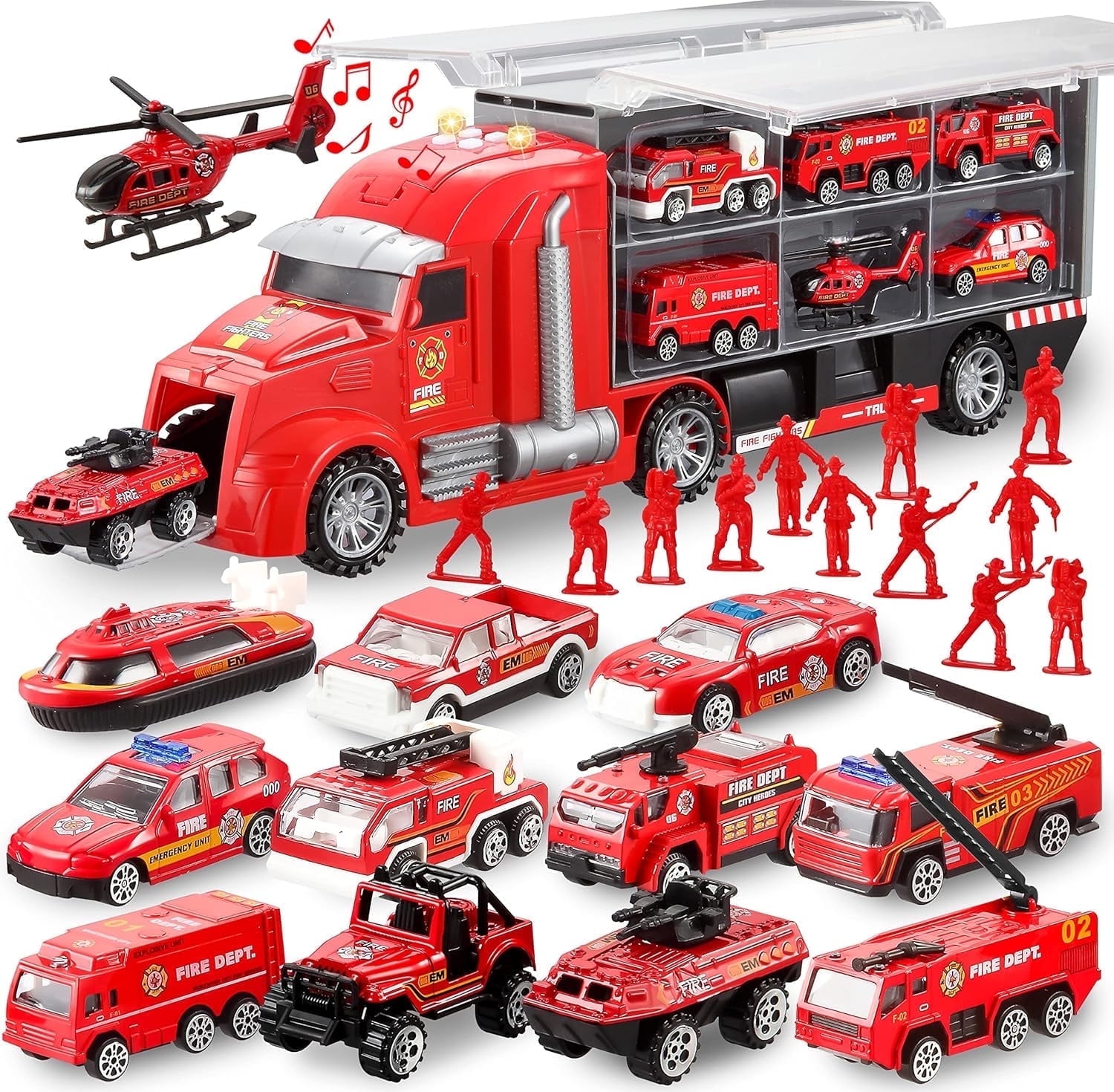 Joyfy 25 in 1 Die-cast Fire Truck Big Toys, Car Transporter Storage ...
