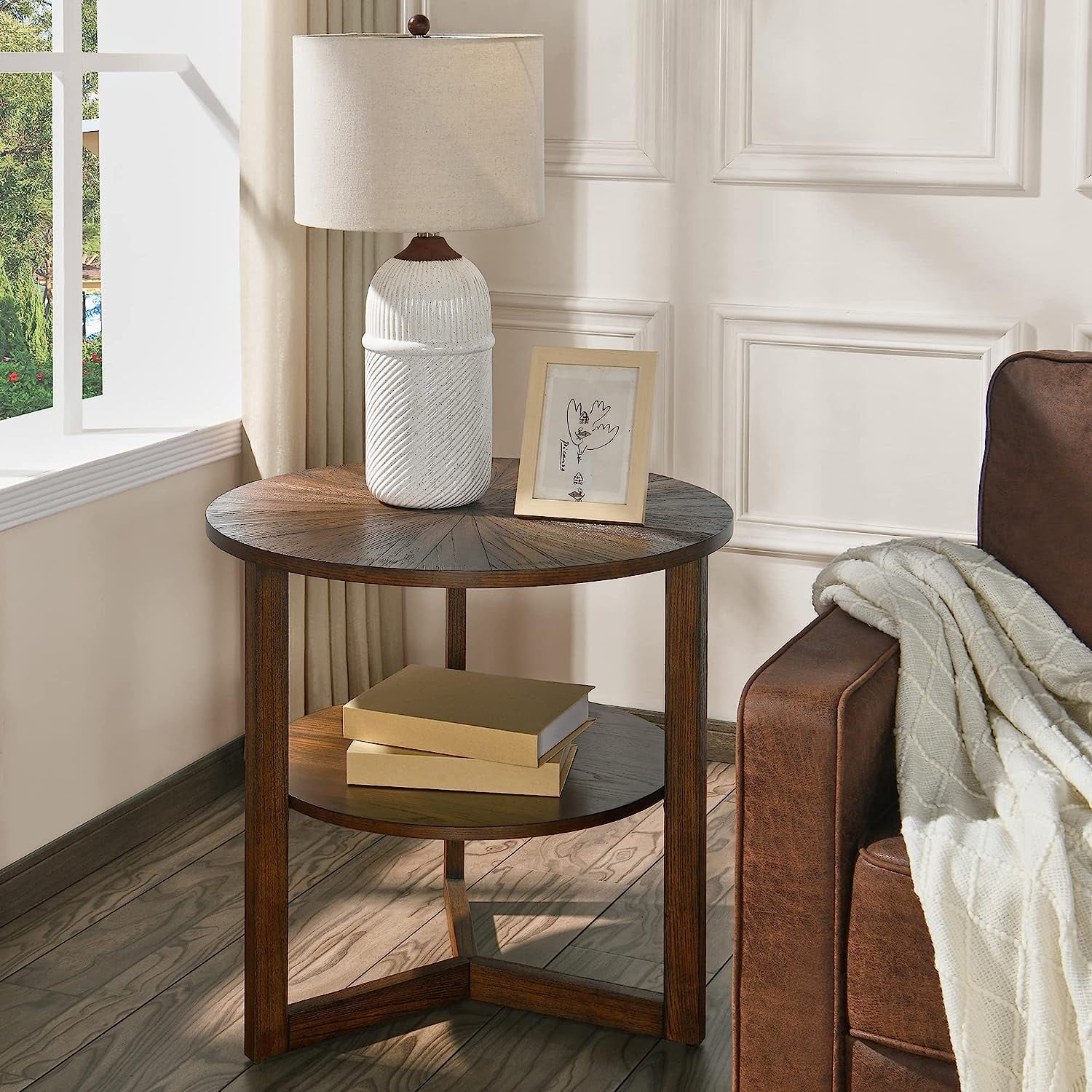 25.2” Large Round End Table with Storage Shelf, Farmhouse Beside Table ...