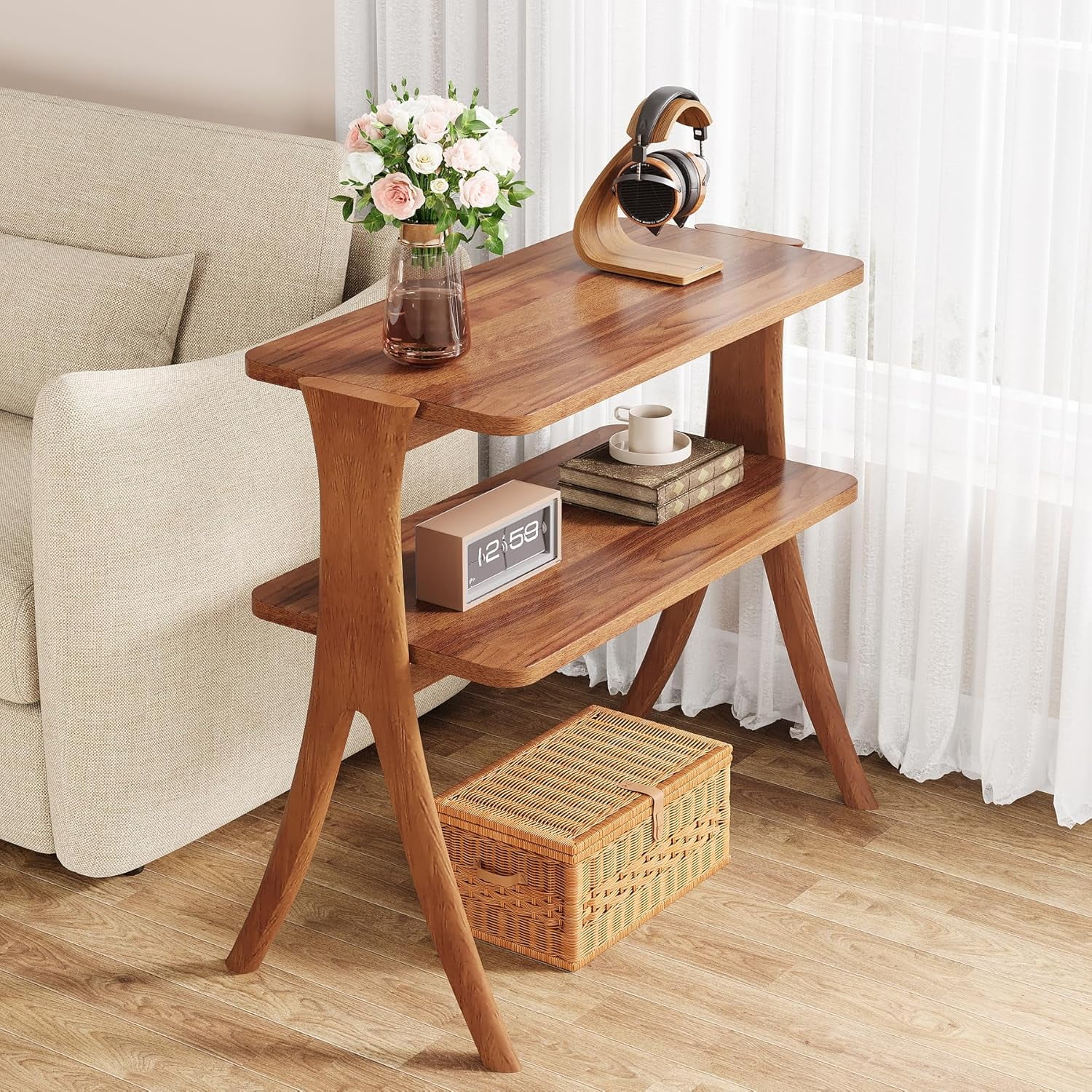 25.2” Narrow Walnut Side Table – 2-Tier Small Farmhouse End Table with Solid Wood Legs, Slim ...