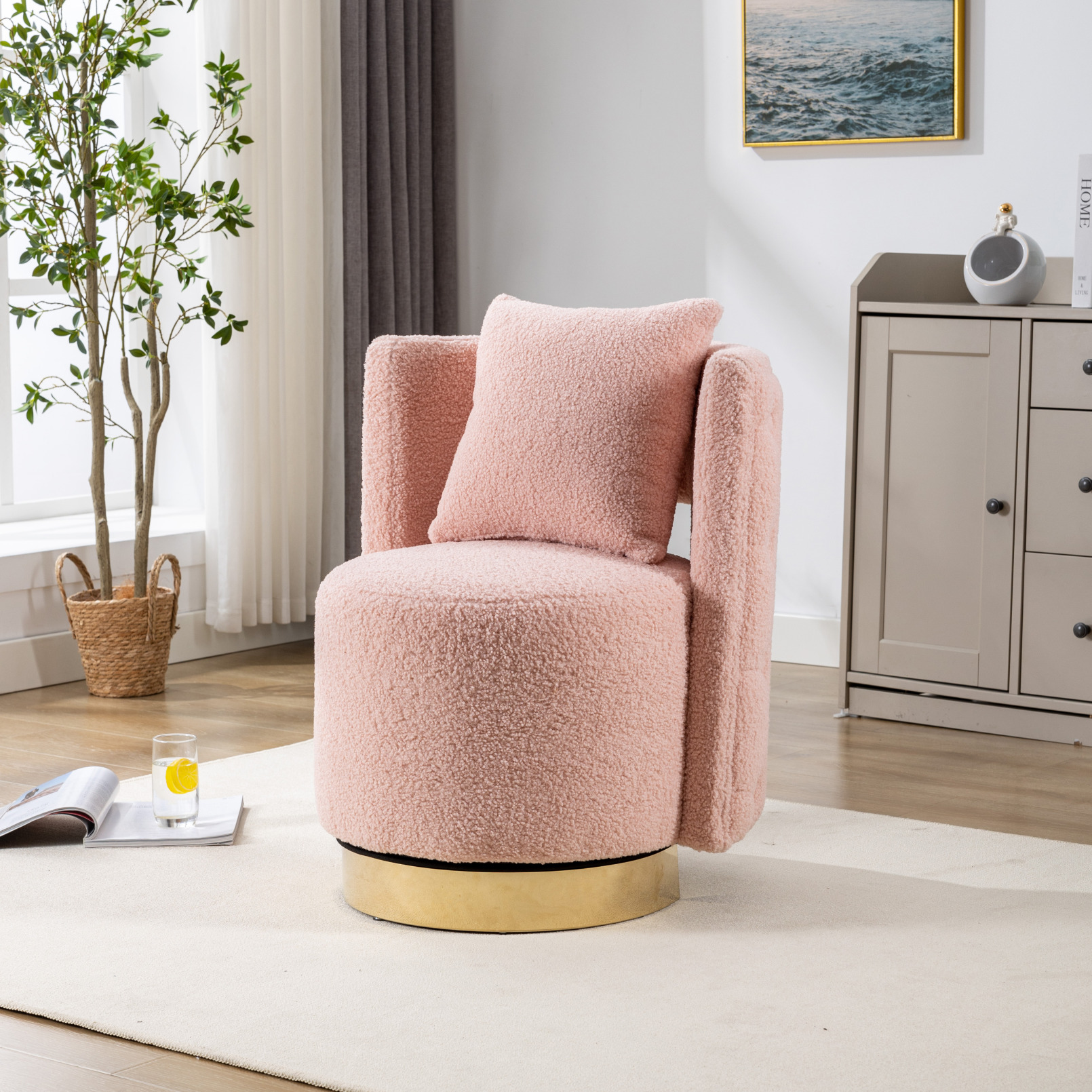 25.2'' Wide Swivel Accent Chair, Comfy Round Barrel Armchair with Curved Tufted Back and Gold ...