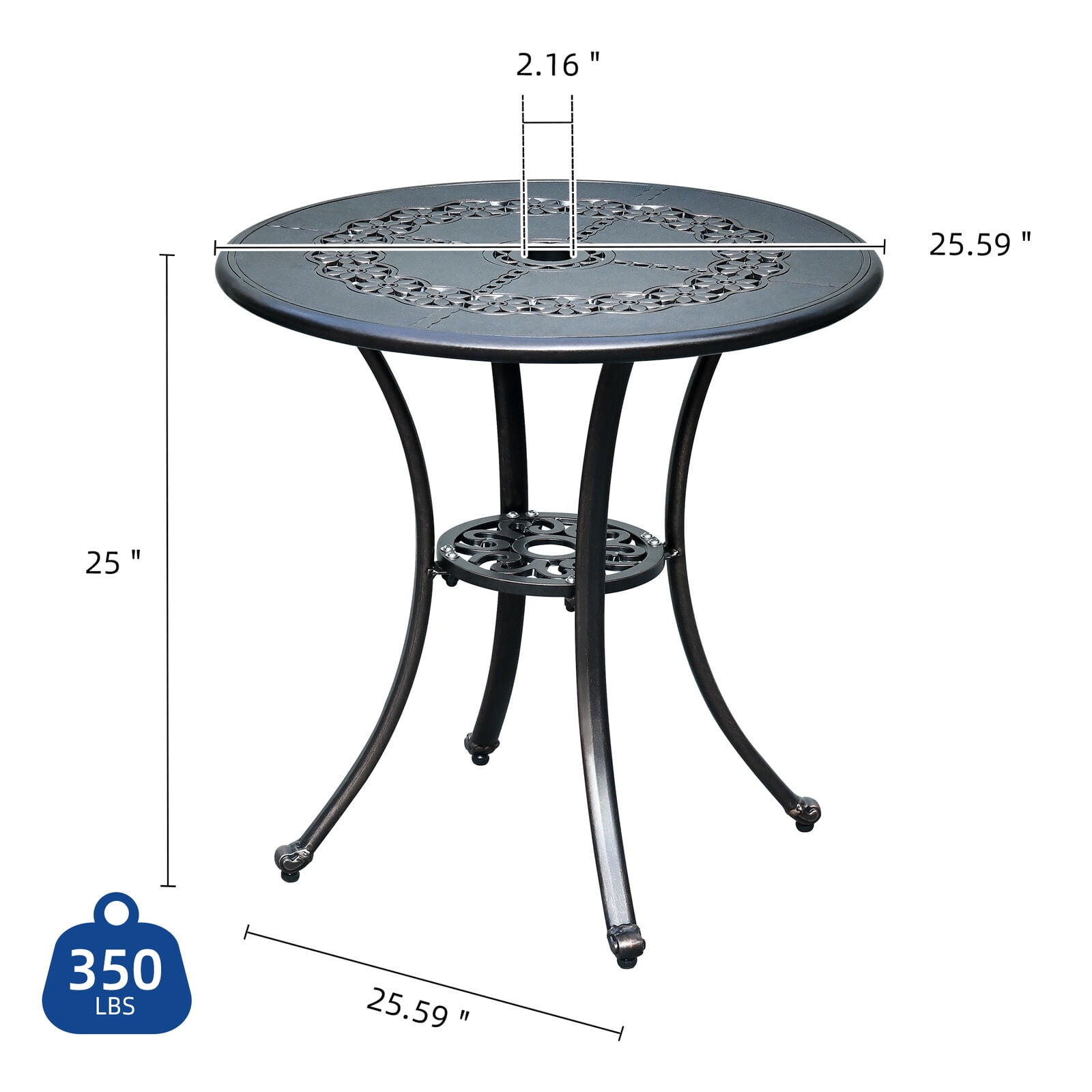 25-30" Inches Round Patio Dining Table with Umbrella Hole, Antique Cast ...