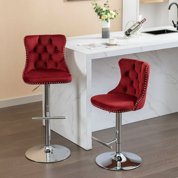 25 - 33 Inch Adjustable Seat Height Burgundy Velvet Bar Stools, Set of ...