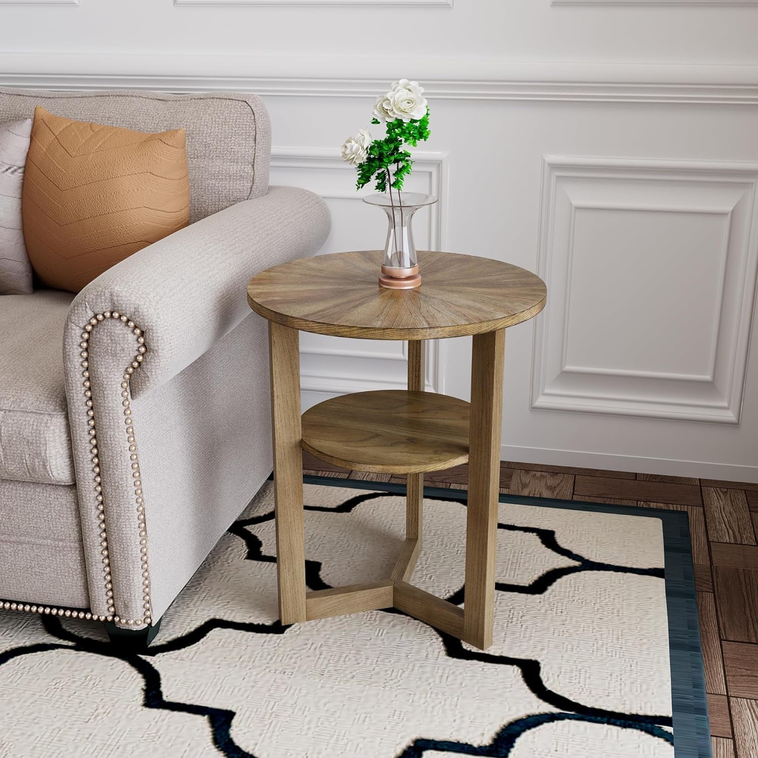 25" Round Wood End Table 2-Tier Solid Wood Rounded Accent Side Table ...