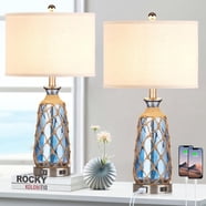 Partphoner 3-Way Dimmable Blue Glass Table Lamps Set of 2 with Dual USB ...