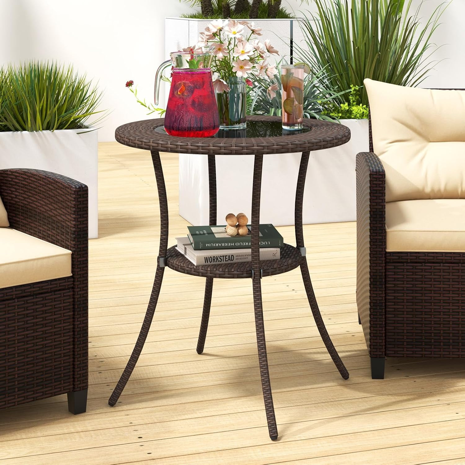 25.5" Round Patio Bistro Table w/Storage Shelf, PE Wicker Coffee Table ...