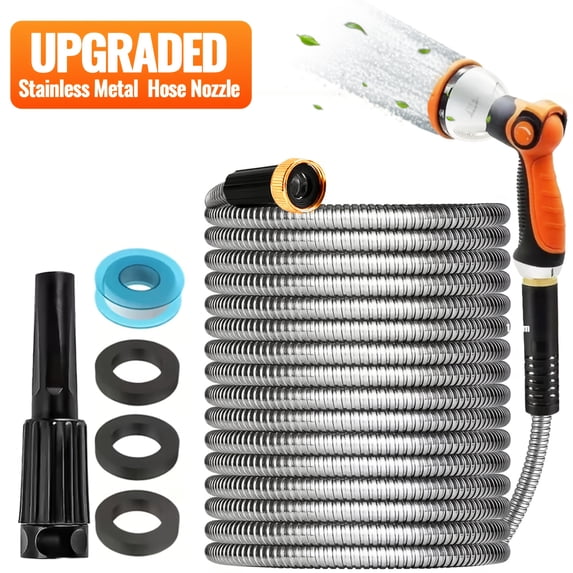 25/50/100ft Stainless Steel Metal Garden Hose w/ Multi-function Nozzle ...