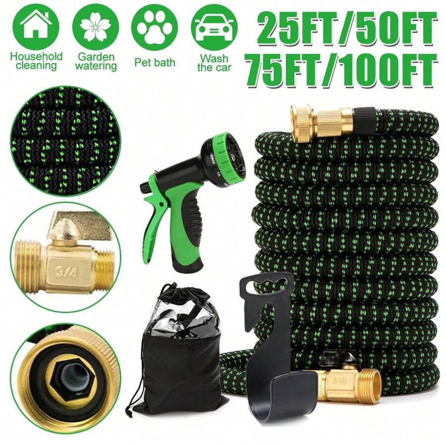 25/50/75/100ft Heavy-Duty Rubber Garden Hose With High-Pressure Spray Nozzle, 3/4" Solid Brass ...