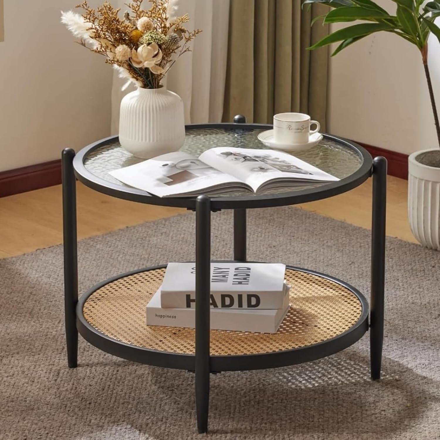 25.6" Black Rattan Coffee Table, Round Water-Wave Glass Metal Center ...