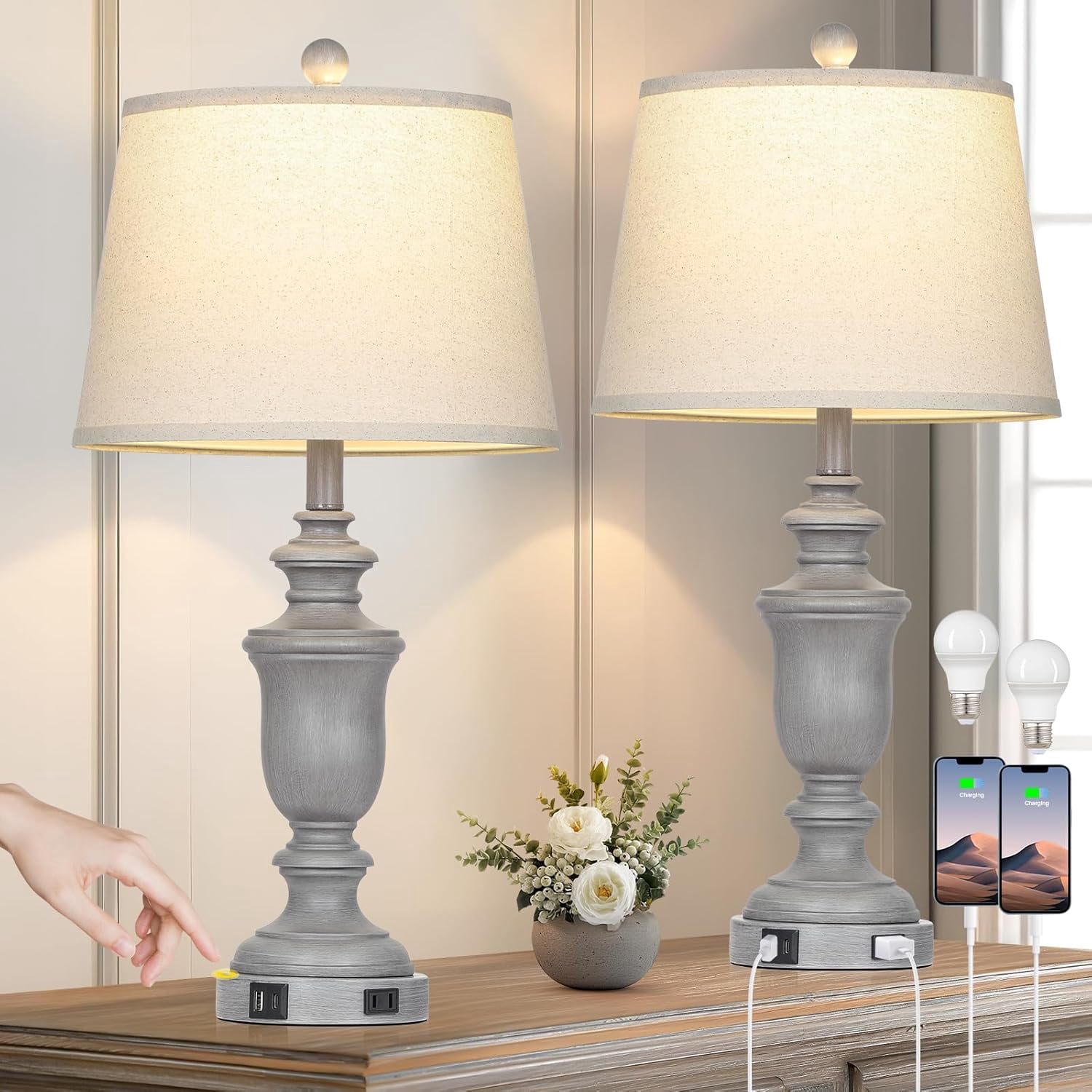 25.6" Coastal Table Lamps Set of 2 with USB C+A Ports & AC Outlet for ...