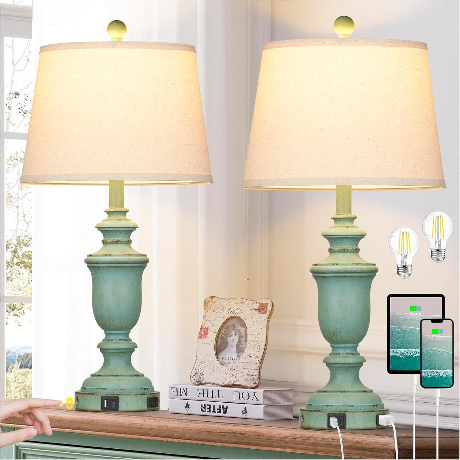 25.6" Farmhouse Table Lamps Set of 2 with USB C+A Ports & AC Outlet for ...