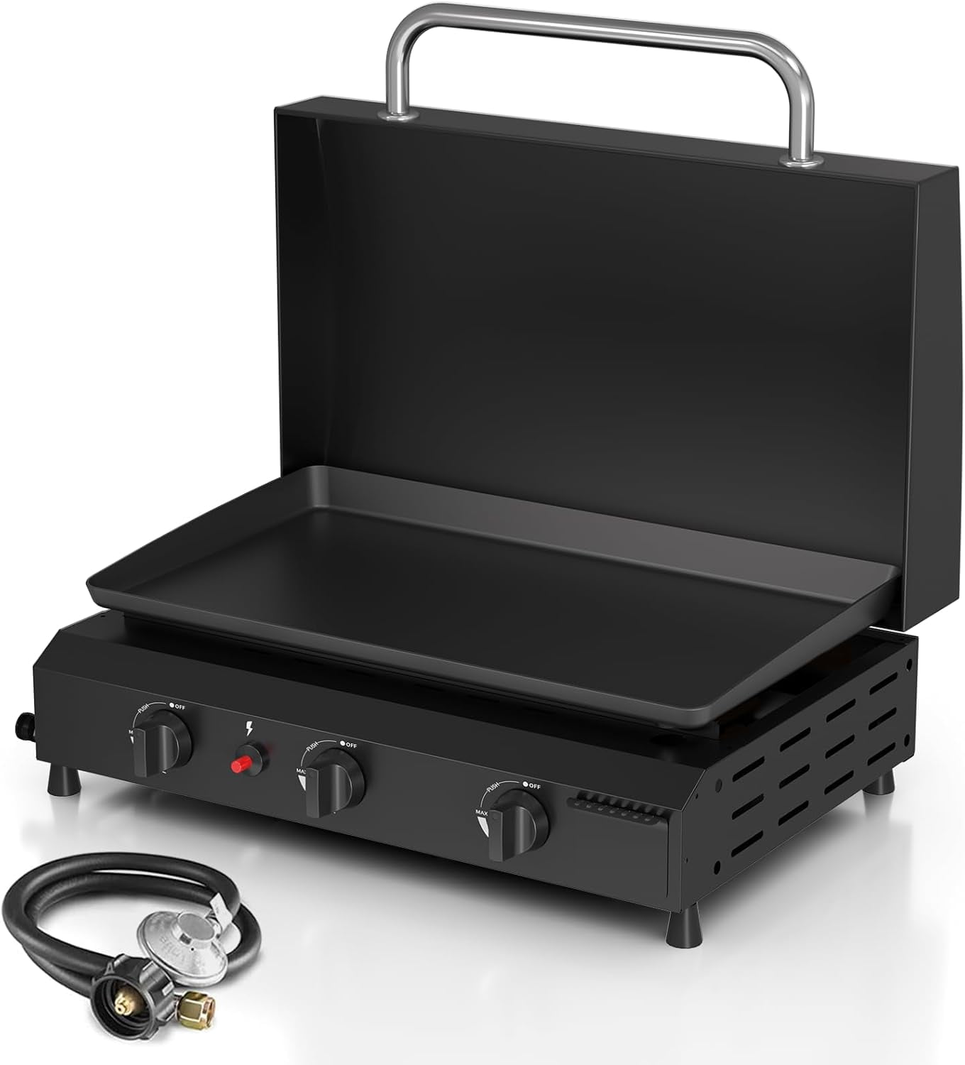 25.6'' Gas Griddle Flat Top Grill with Lid, 3-Burner Tabletop Portable ...