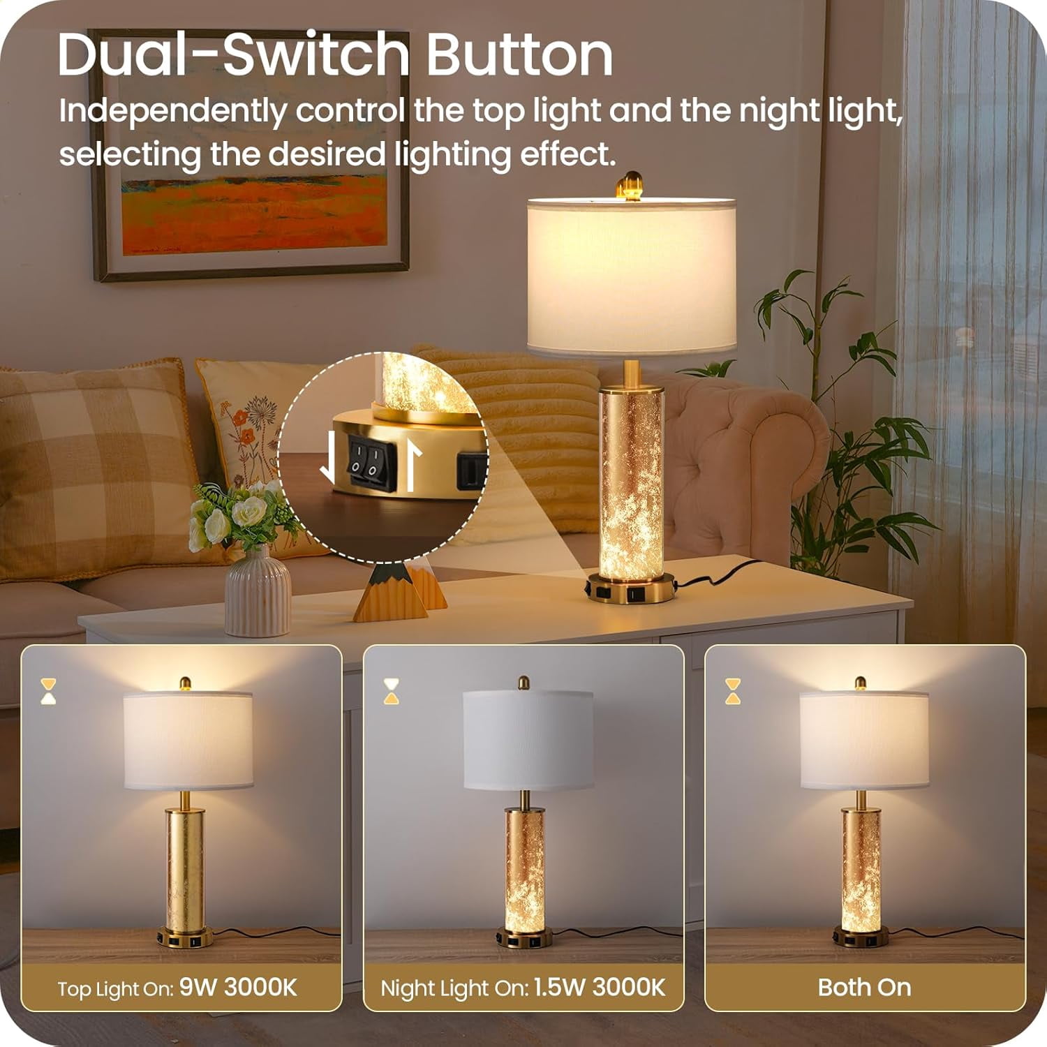 25.6" Gold Table Lamps Set of 2, Tall Bedside Lamps with Nightlight ...