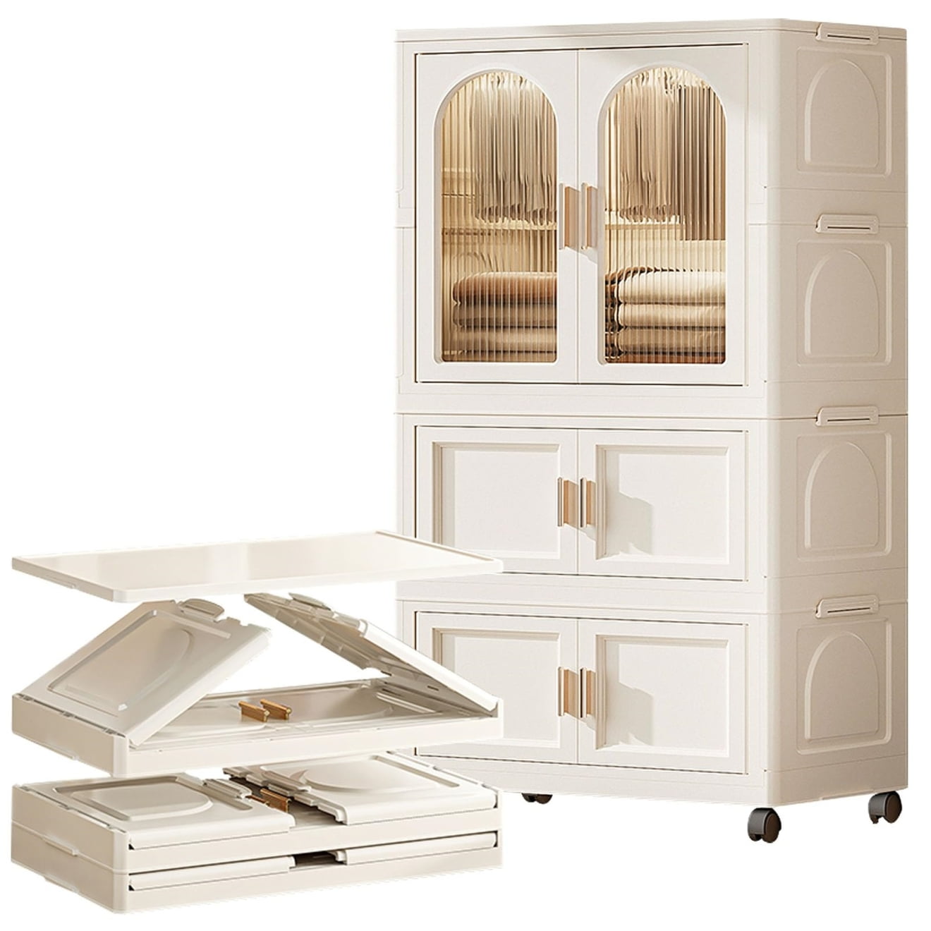25.6 Inch Portable Wardrobe Closet with Wheels, Stackable Storage Bins ...