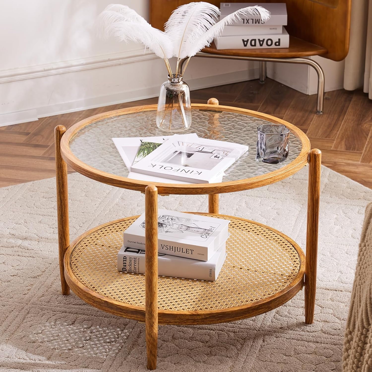 25.6" Rattan Coffee Table, Round Water-Wave Glass Metal Center Table ...
