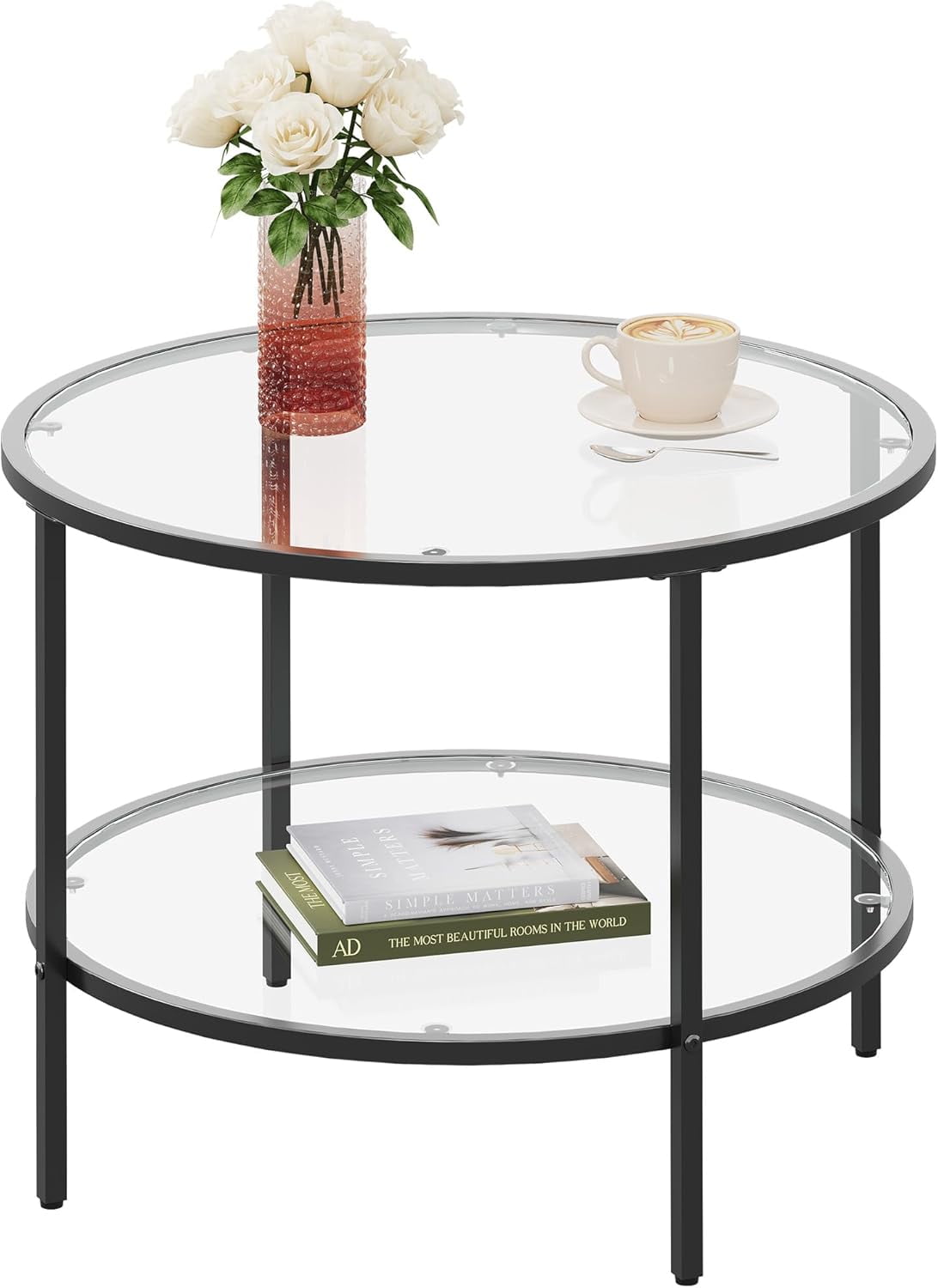 25.6" Round Glass Coffee Table with Storage Shelf, Modern Clear Center ...