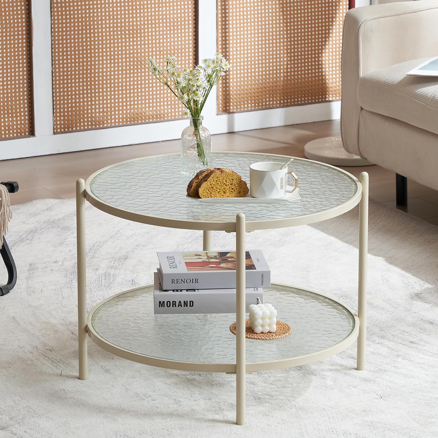 25.6" Small Cream White Round Coffee Table Water-Wave Glass Circle ...