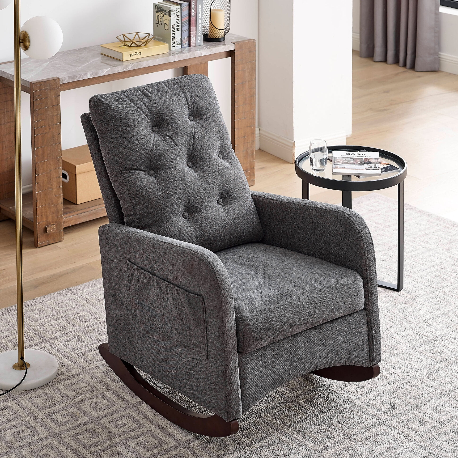 25.6"W Upholstered Rocking Chair, High Backrest Glider, Side Pockets ...