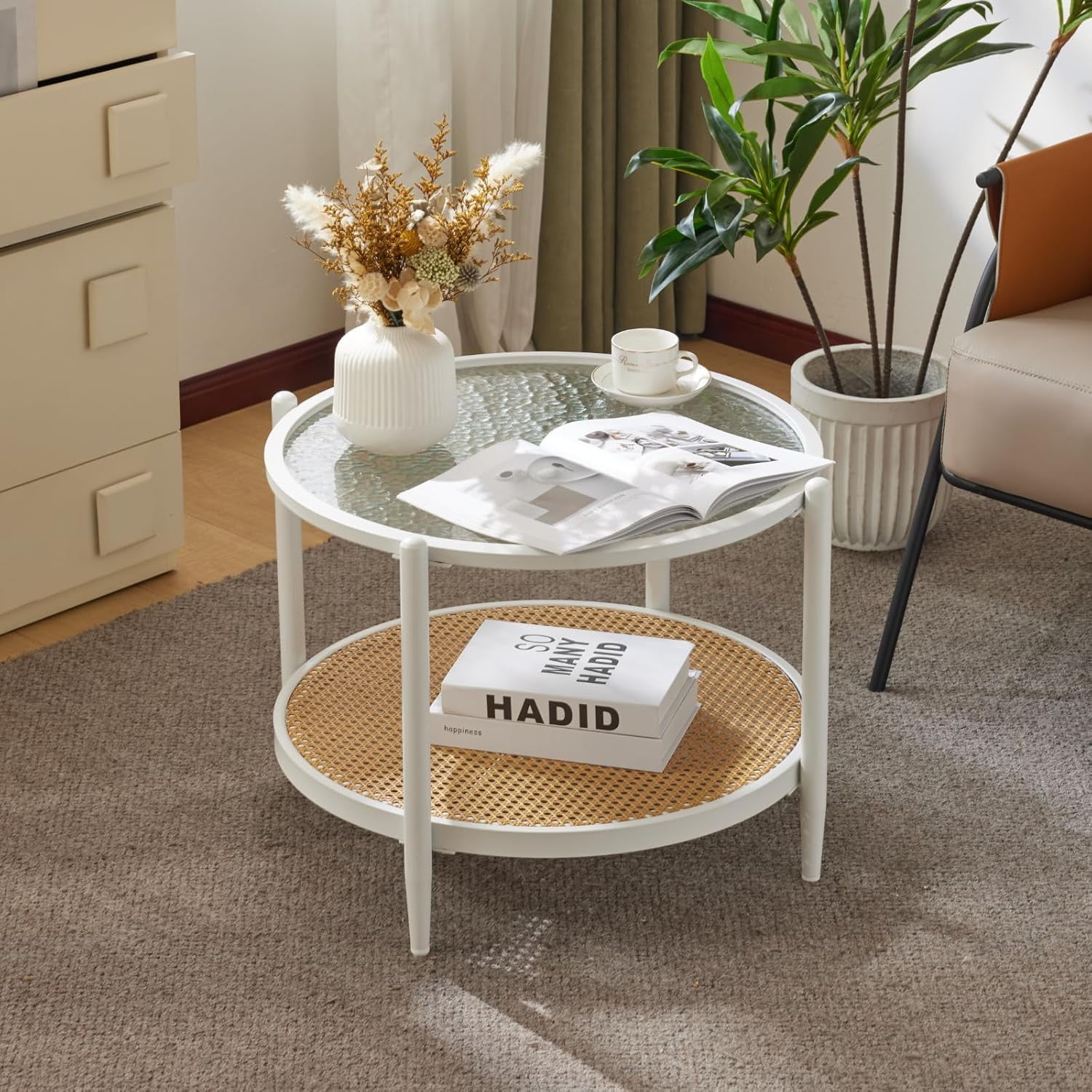 25.6" White Rattan Coffee Table, Round Water-Wave Glass Metal Center ...