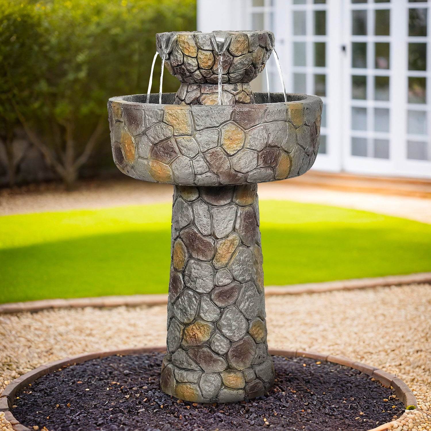 25.7"H Garden Water Fountain 2-Tier Outdoor Bird Bath Waterfall ...