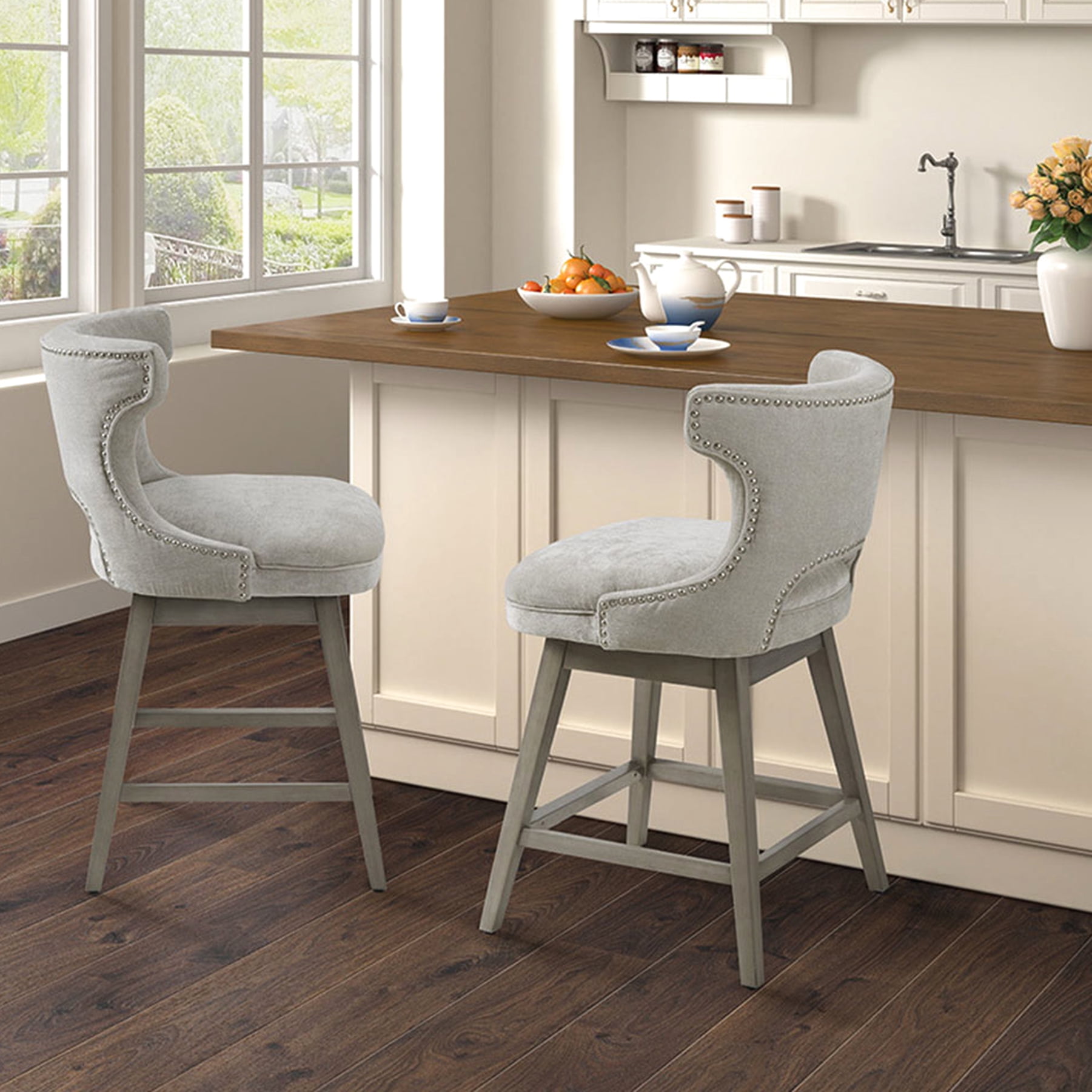 25.75" Swivel Counter Stool With Gray Fabric And Wood Finish, 360 ...